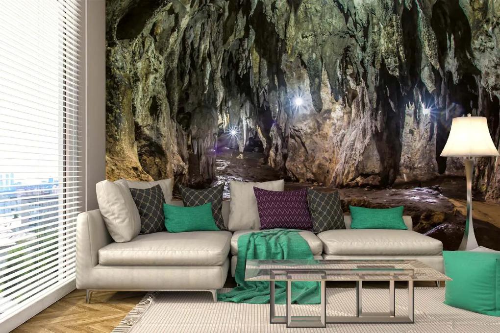 DIMEX | Samolepicí vliesová fototapeta na zeď Osvětlená jeskyně MA-5-1758 | 375 x 250 cm | krémová, hnědá, šedá