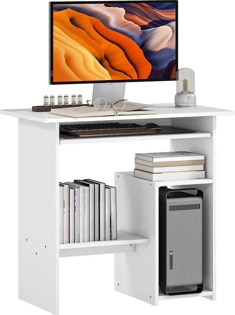 HOMCOM Stůl, 80 x 45 cm, Počítačový stůl, Kancelářský stůl s výsuvným zásuvkovým prostorem, Otevřené přihrádky a police, Dřevotřísková deska, pro Domá