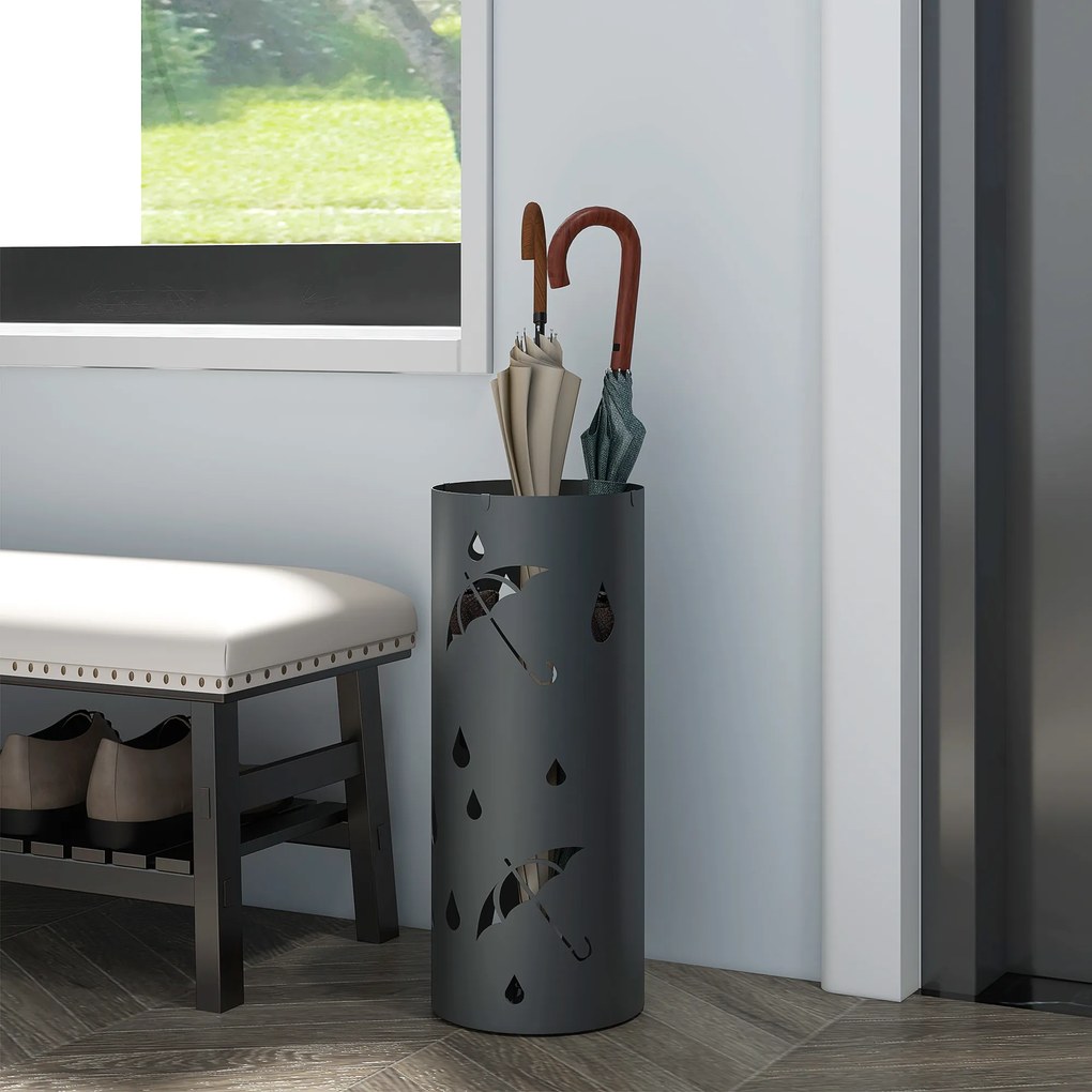HOMCOM Stojan na deštníky, ocel, sloupovitý tvar, odnímatelná přihrádka na podstavci, Ø17 x 41V cm, šedý