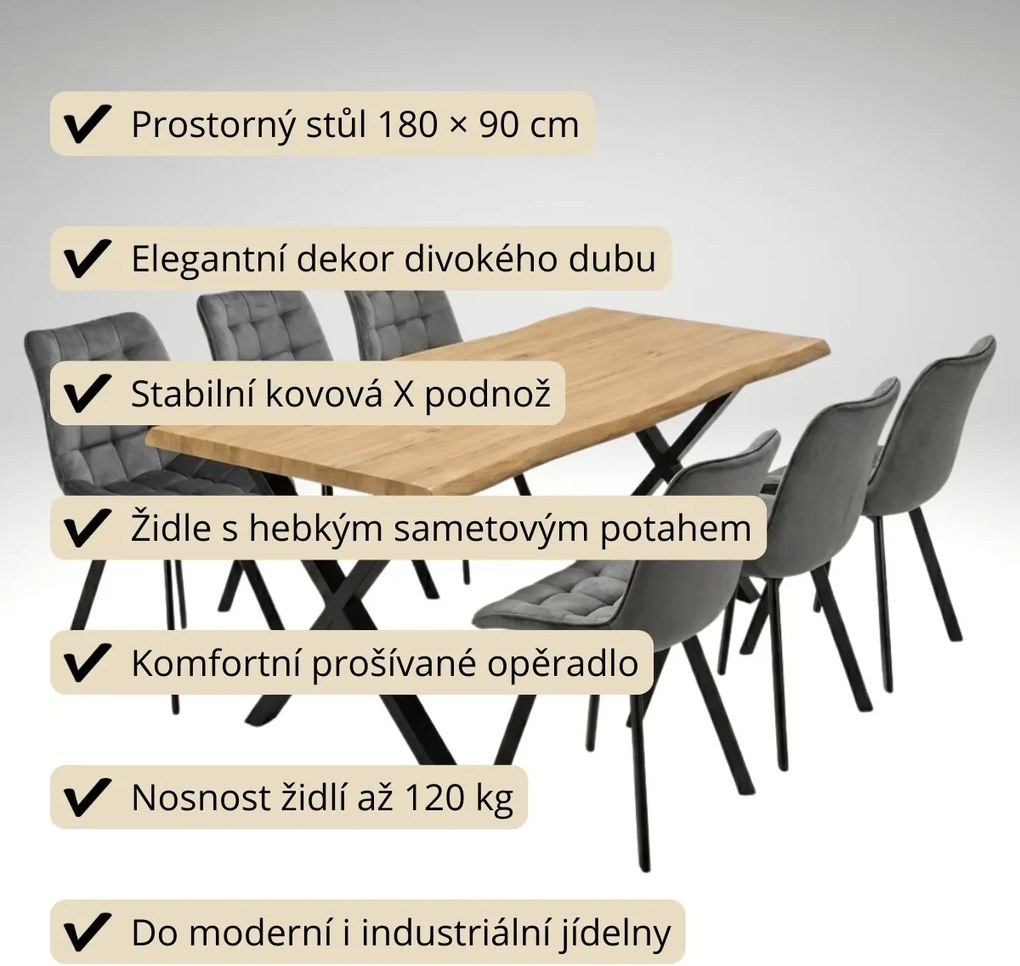 Vikio Jídelní set pro 6 osob 180x90 cm soft dub noha X šedá židle VJS238-6S-S