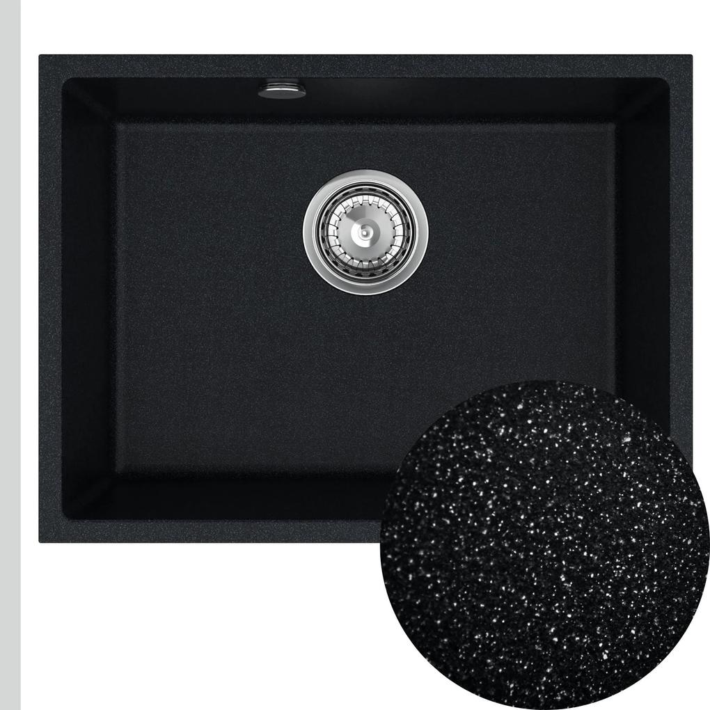 Sink Quality Crypton 60, kuchyňský granitový dřez 535x400x205 mm + chromový sifon, černá, SKQ-CRY.C.1KBO.60.X