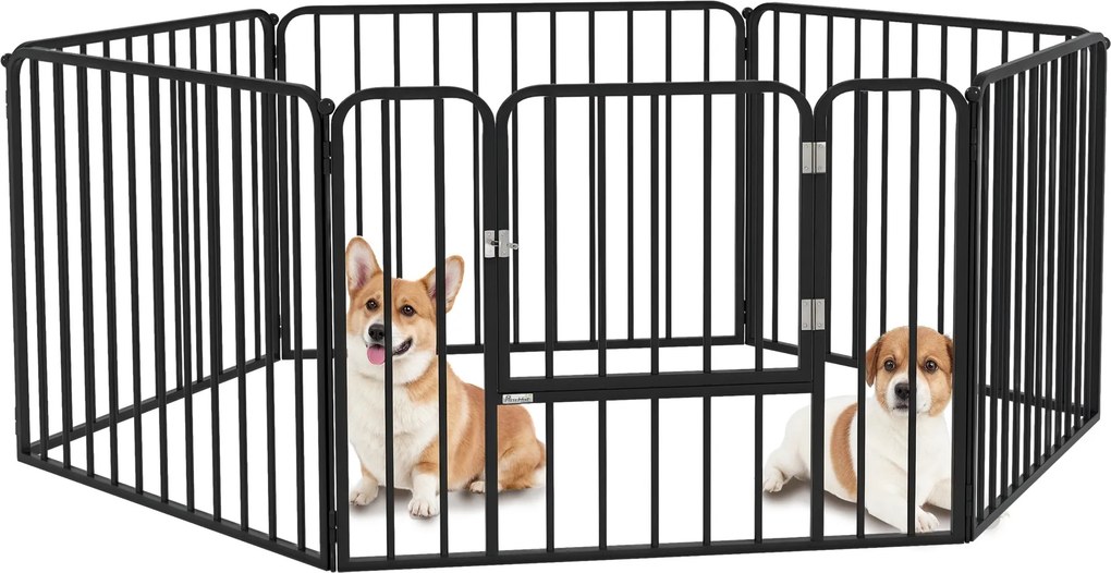 PawHut Střední a Malý Psa Obojkový Systém se 6 Modulárními Panely pro Vnitřní a Venkovní Použití, Ocelová Psí Brána se 7 Kolíky, 164x83x60 cm, Černá |