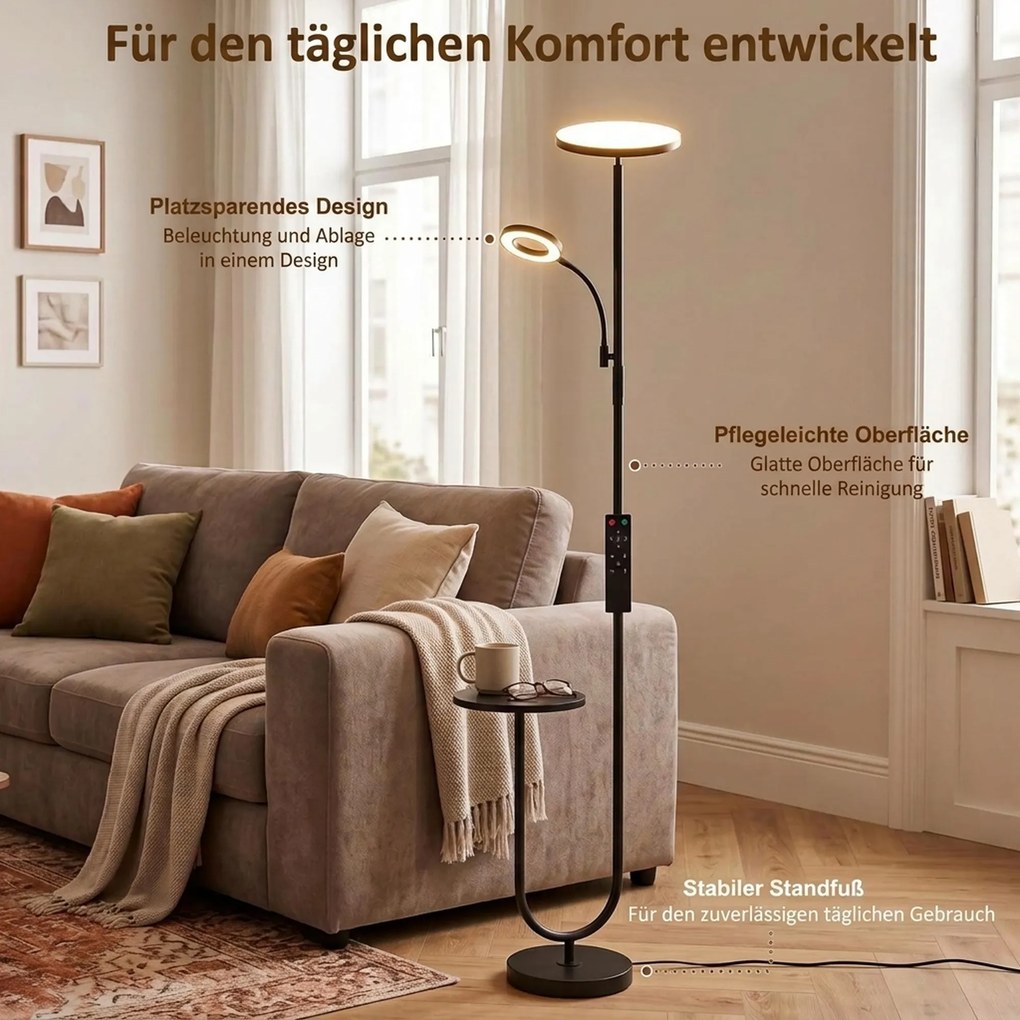 HOMCOM LED stropní reflektor s odkládacím stolkem a čtecí lampou, stmívatelná stojací lampa s dálkovým ovládáním, 4 barevné teploty