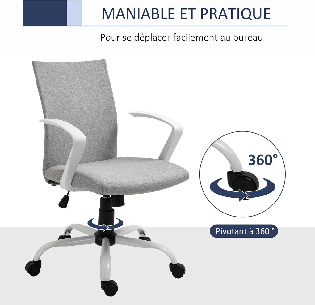Vinsetto Kancelářská Židle s Nastavitelnou Výškou, Houpací Funkcí, Otáčecí Kancelářská Židle s Nosností 120 Kg, 61 x 99 cm Světle Šedá a Bílá