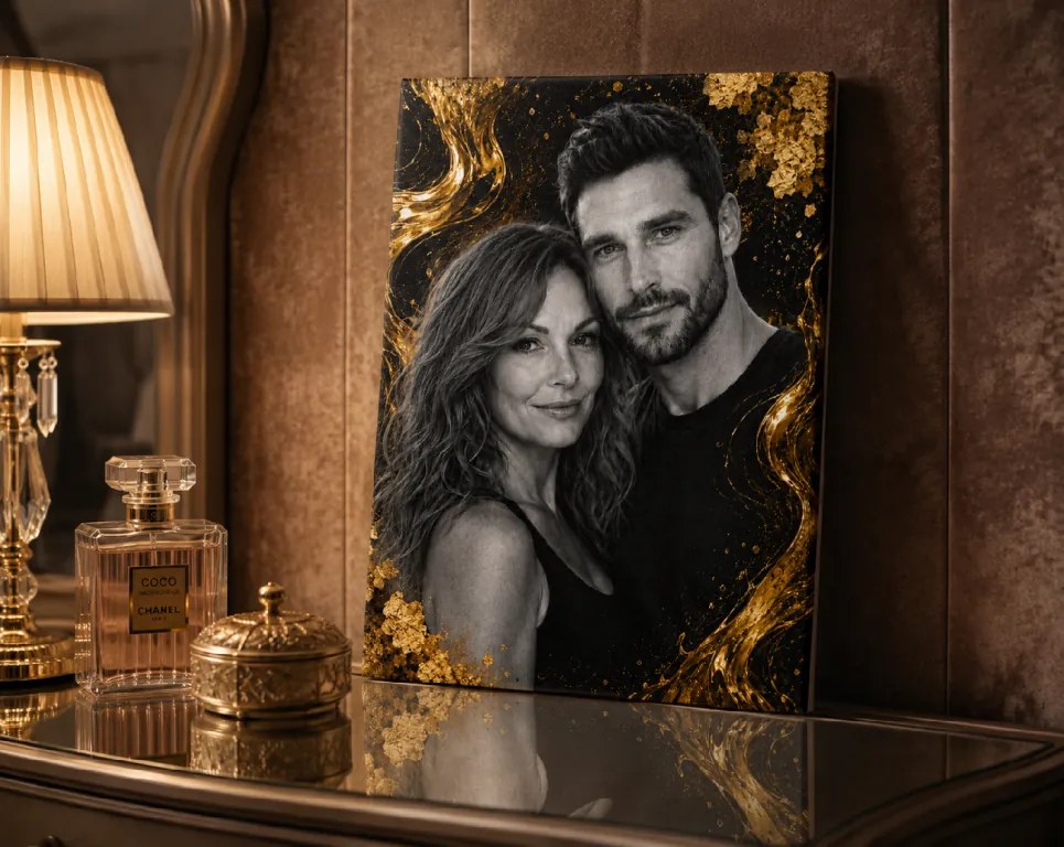 Foto obraz z vlastní fotky na plátno – Luxusní Glamour Gold styl se zlatými prvky