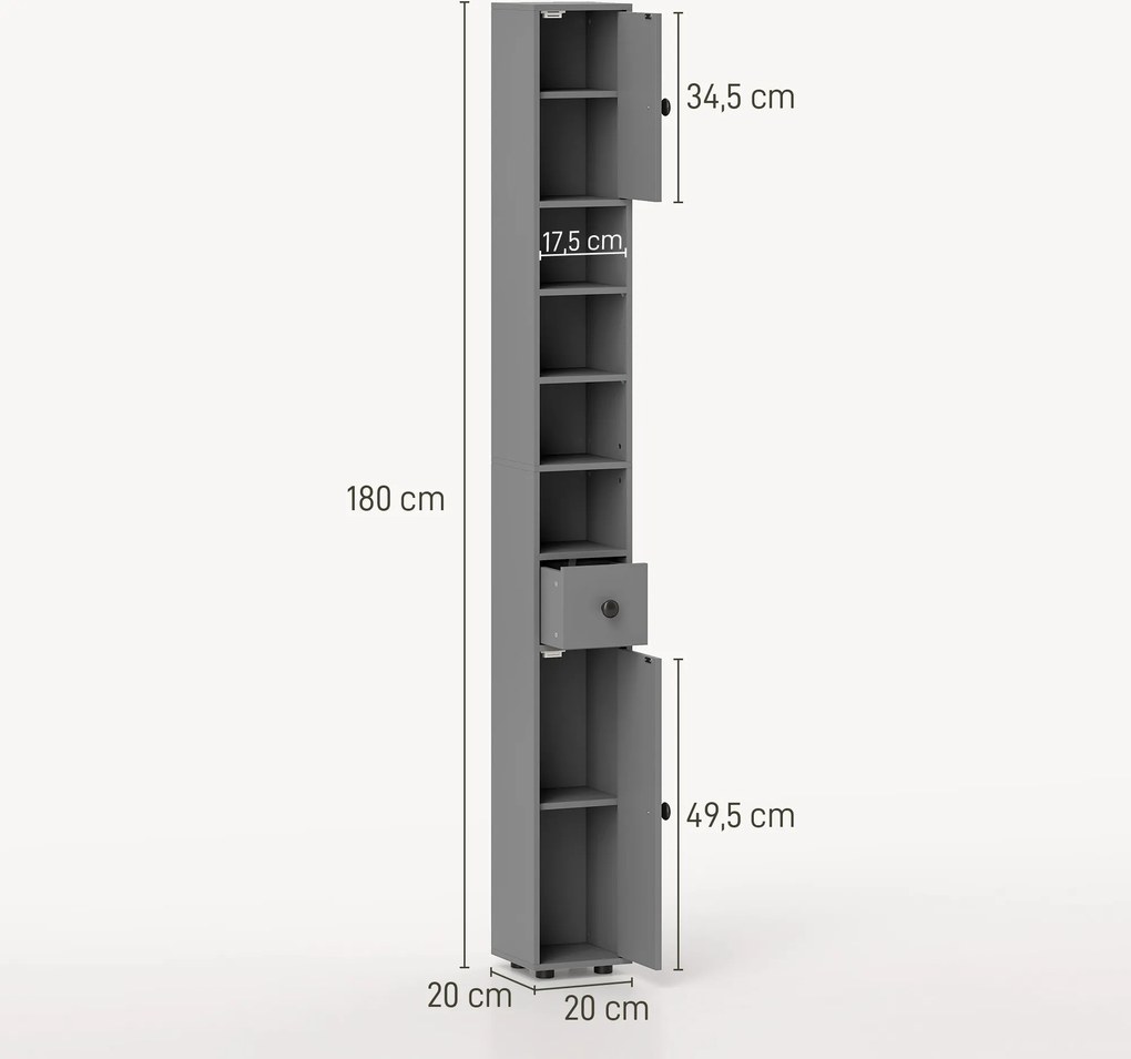 kleankin úzká vysoká koupelnová skříňka s šuplíkem a 4 otevřenými policemi, šedá (20 × 20 × 180 cm)