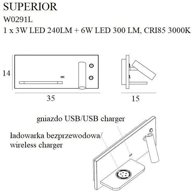 Maxlight W0291L SUPERIOR Nástěnné svítidlo s USB a indukční nabíječkou, bílé