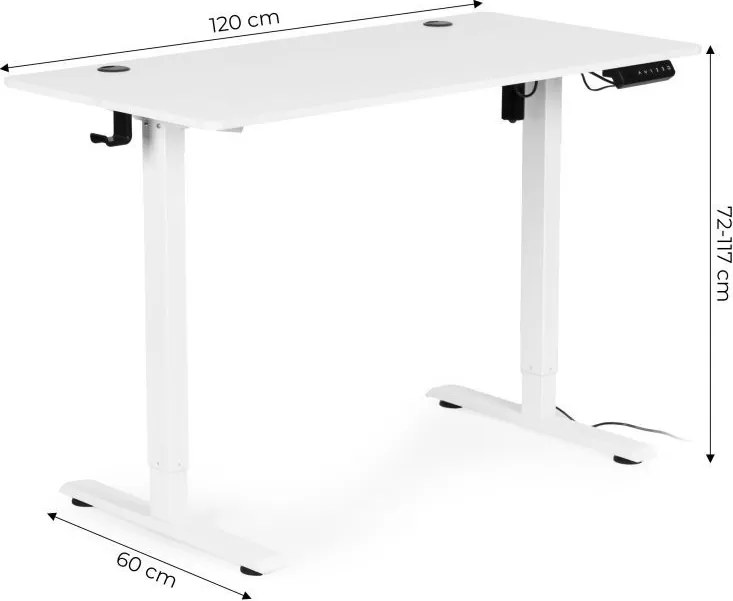 Elektricky výškově nastavitelný pracovní stůl s bílými nohami - 120 x 60 cm