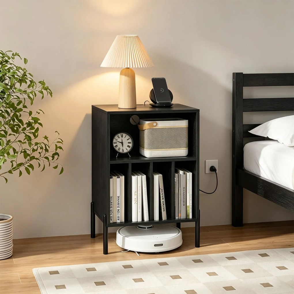 Costway Stolek na gramofon s nabíjecí stanicí a přihrádkami, černý