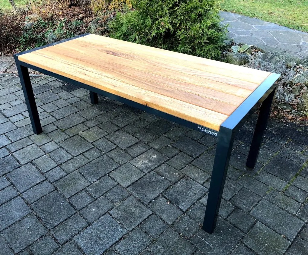 KULHÁNEK Zahradní stůl s kovovou hranou a nohami - podélná prkna Odstín nátěru: lazura - palisandr, Velikost desky: 180x80 cm, Odstín podnože: černá s jemnou strukturou - JS RAL 9005
