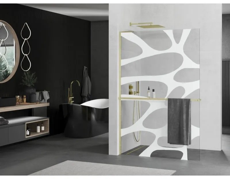 Mexen Kioto+ L, sprchová zástěna Walk-In s poličkou a věšákem 90 x 200 cm, 8mm čiré sklo bílý vzor, zlatý matný profil, 800-090-123-55-97