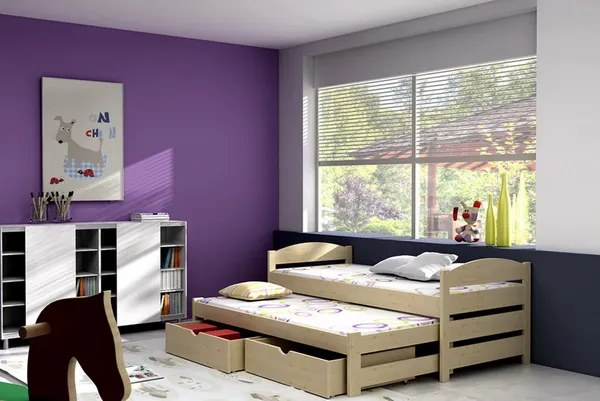 Vomaks Dětská postel s výsuvnou přistýlkou DPV 009 + zásuvky 180 cm x 80 cm Bezbarvý ekologický lak