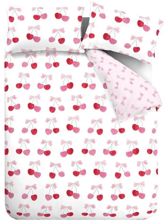 Bílé/růžové povlečení na jednolůžko 135x200 cm Cherries and Bows – Catherine Lansfield Biano.cz