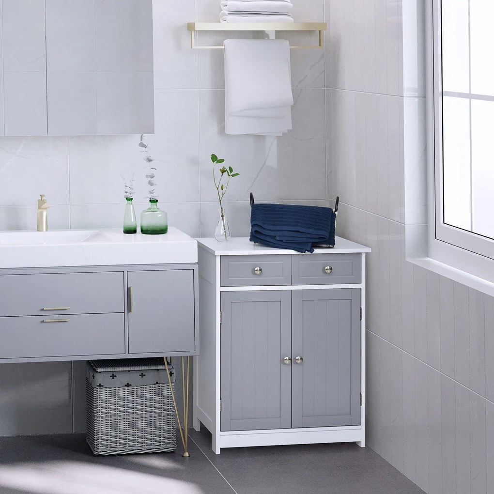 Kleankin Úložný Kabinet, Koupelnový Kabinet, Skříň s 2 Dveřmi a 2 Zásuvkami - 60 x 30 x 75 cm - Šedá a Bílá
