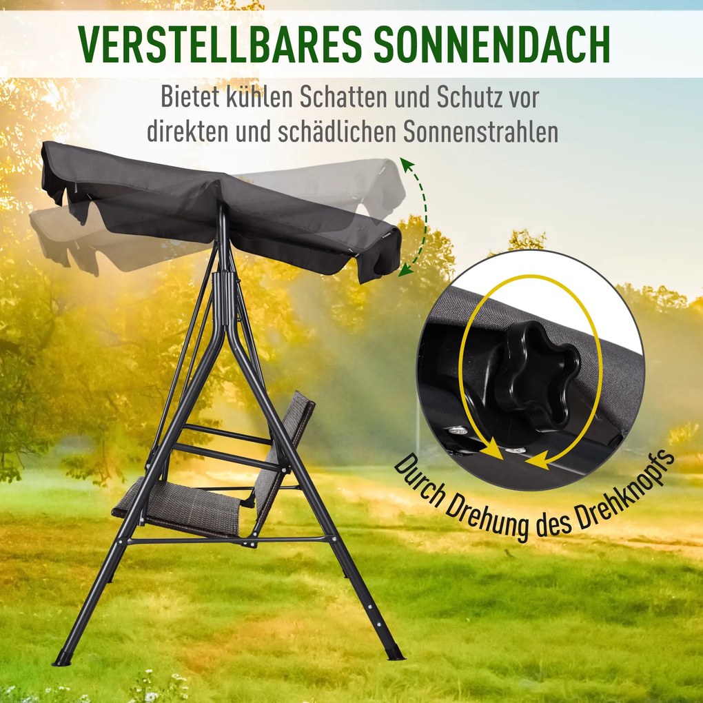 Outsunny Hollywoodský houpač 2-místný zahradní houpačka s nastavitelnou sluneční střechou, ocelový rám, ratan 140 x 110 x 151 cm