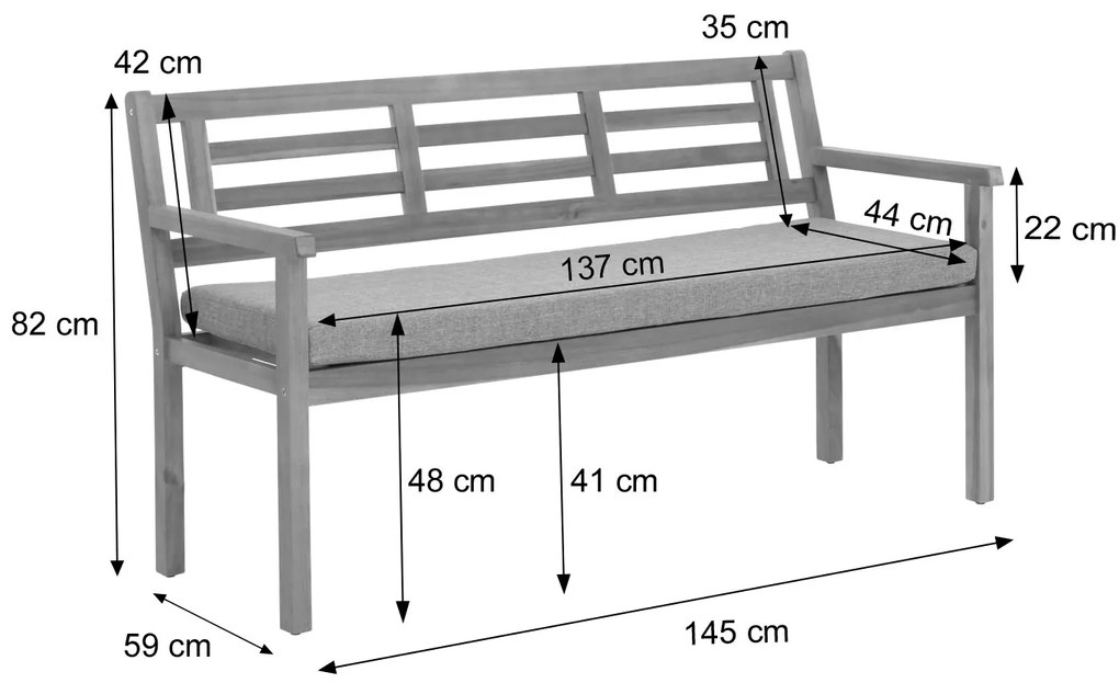 Zahradní lavička HWC-N47, 82x145x59 cm, akáciové dřevo - šedý polštář