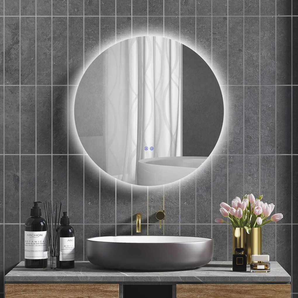 Kleankin LED kulaté koupelnové zrcadlo Ø 80 cm nástěnné zrcadlo s dotykovým spínačem, systém proti mlhám