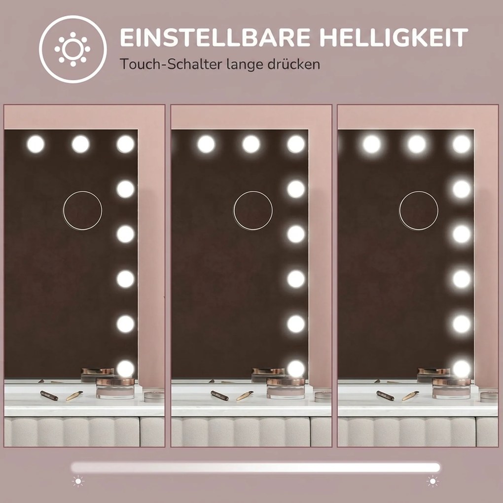HOMCOM Hollywood Mirror s 18 LED diodami Make-up Mirror 80x60 cm Toaletní zrcadlo se 3 barvami světla, nastavitelný jas