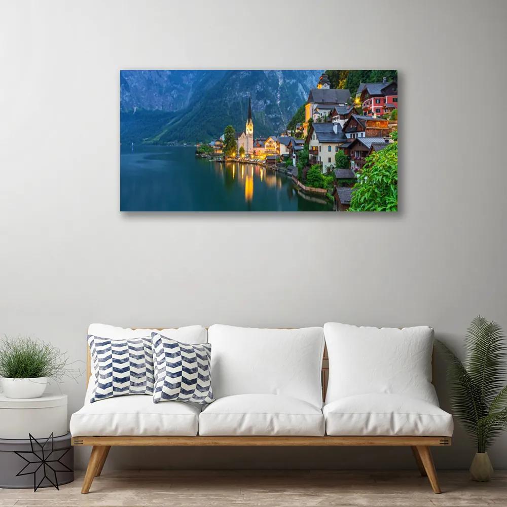Obraz na plátně Hory Městečko Noc Jezero 140x70 cm