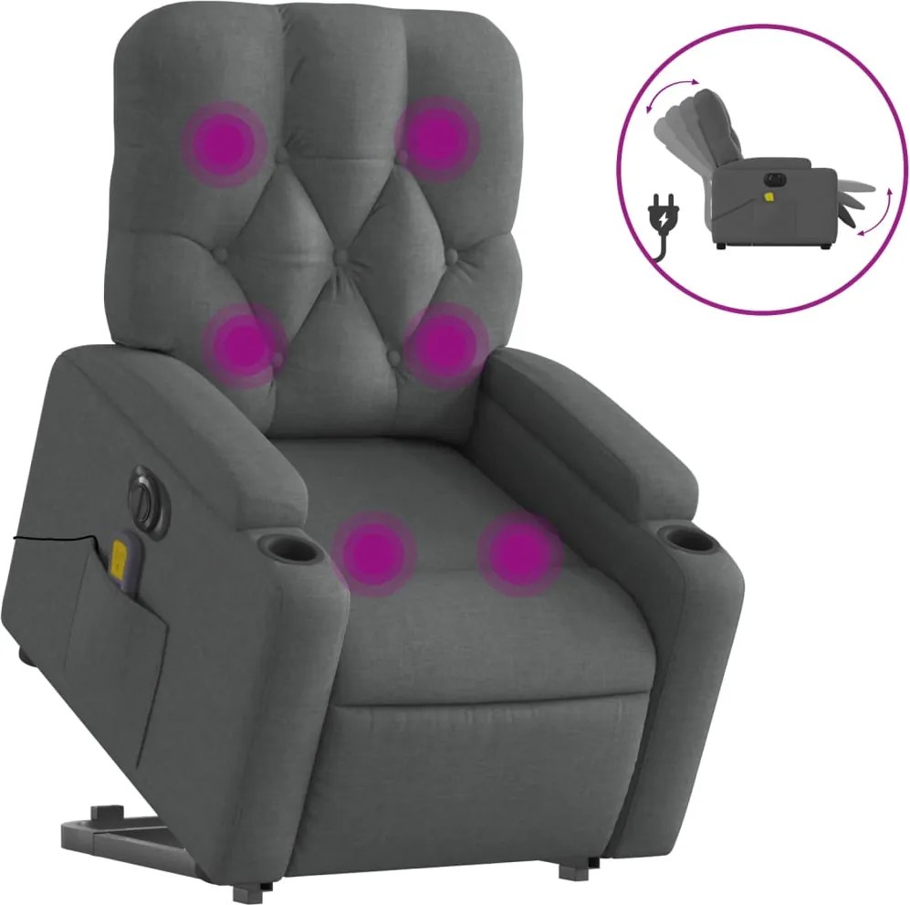 Elektrické zvedací masážní polohovací křeslo tmavě šedé textil 3204747