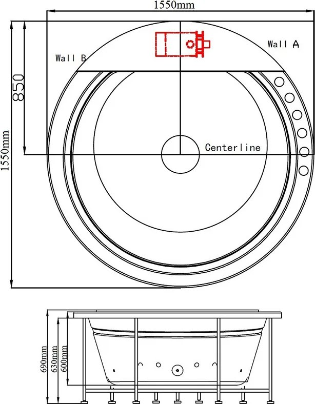 BPS-koupelny Hydromasážní vana HYD-DE916-155 155x155 s ohřevem vody, hnědý panel