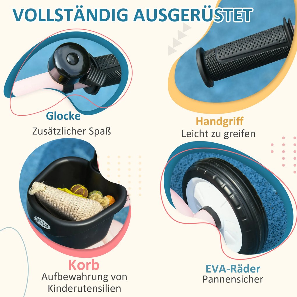 AIYAPLAY Tříkolka, Dětské Kolo s Nastavitelným Sedadlem, Balancující Kolo s Košíkem, Zvonek, Pedálové Kolo pro Děti 2-5 Let, Kovové, Růžové