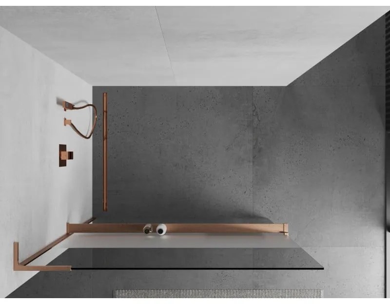 Mexen Kioto+ L, sprchová zástěna Walk-In s poličkou a věšákem 100 x 200 cm, 8mm čiré sklo-námraza, měděný matný profil, 800-100-123-65-35