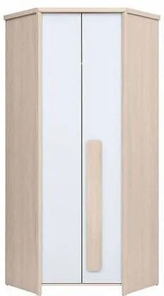 Rohová šatní skříň do dětského pokoje Juneco 4, LTD + MDF, dub světlý belluno / bílá / akát, 82x198x82 cm