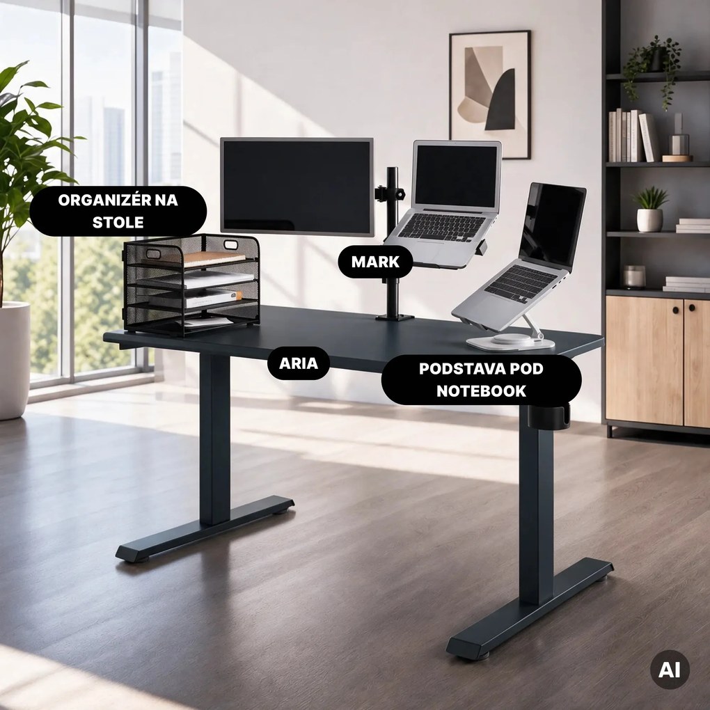 Elektrický stůl s nastavením výšky ergonomický antracitový,1200x600 mm: ARIA
