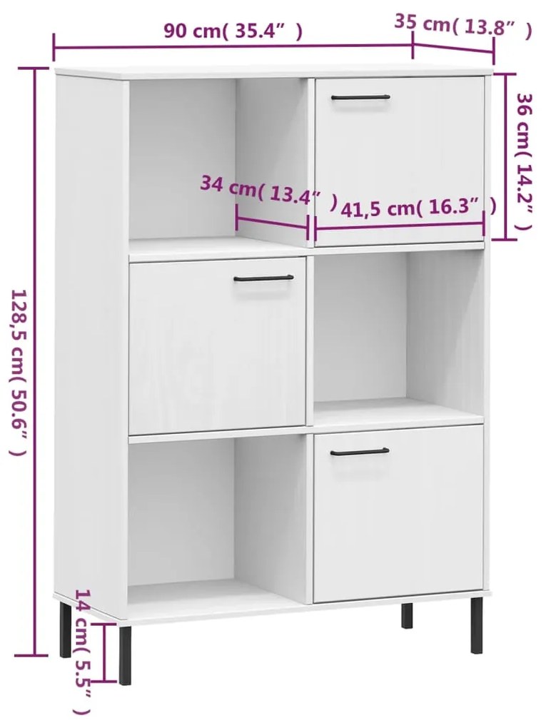 Knihovna Oslo s kovovými nohami - masivní dřevo - 90x35x128,5 cm | bílá