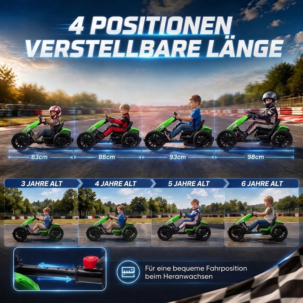 AIYAPLAY Elektro Go-Kart pro děti 12V Gokart s 2 motory, 4násobně nastavitelným sedadlem, plynulý start, EVA kola, LED světlomety 370-518V90GN