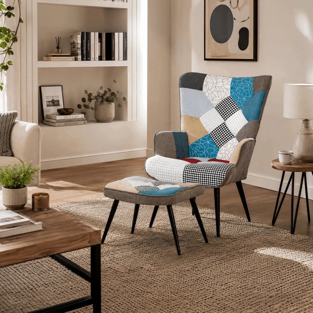 Relaxační křeslo s podnožkou AIRO - patchwork látka