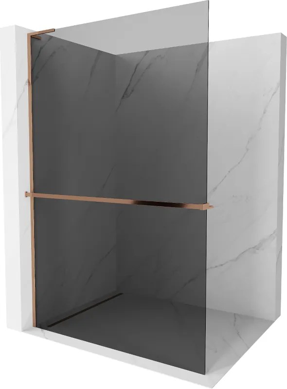 Mexen Kioto+ L, sprchová zástěna Walk-In s poličkou a věšákem 120 x 200 cm, 8mm šedé sklo, růžové zlato profil, 800-120-123-60-40