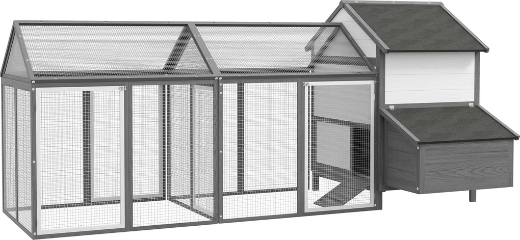 PawHut Kurník pro slepice Dřevěný kurník s hnízdící bednou Drůbežní voliérou se rampou, Kurník s podnosem, Šedý, 247 x 125 x 113,5 cm | Aosom