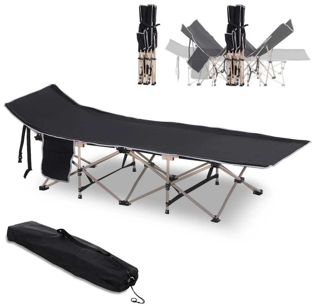 Kempinkové lůžko Outsunny Skládací kempinkové lůžko s přenosnou taškou 190 x 68 x 52 cm Oxford Black ideální pro kempování a outdoorové aktivity | Ao…