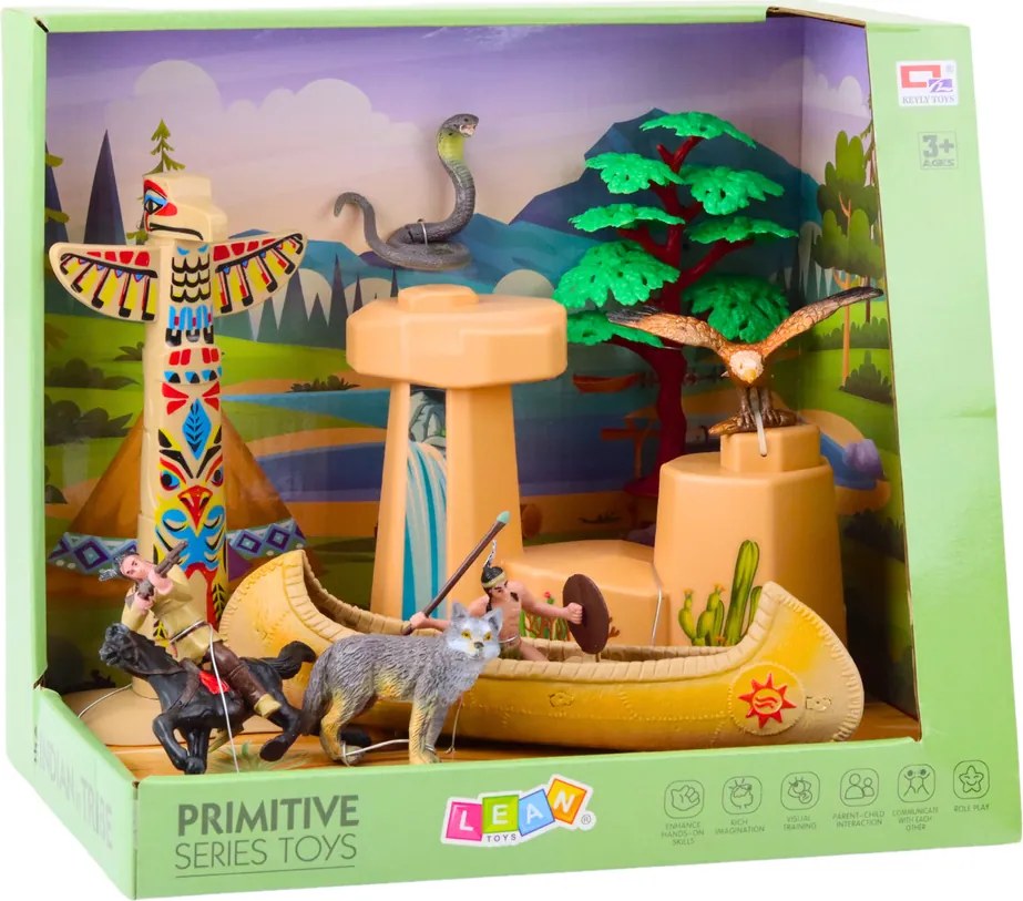 LEAN Toys Sada figurek indiánská vesnice indiáni kánoe totem