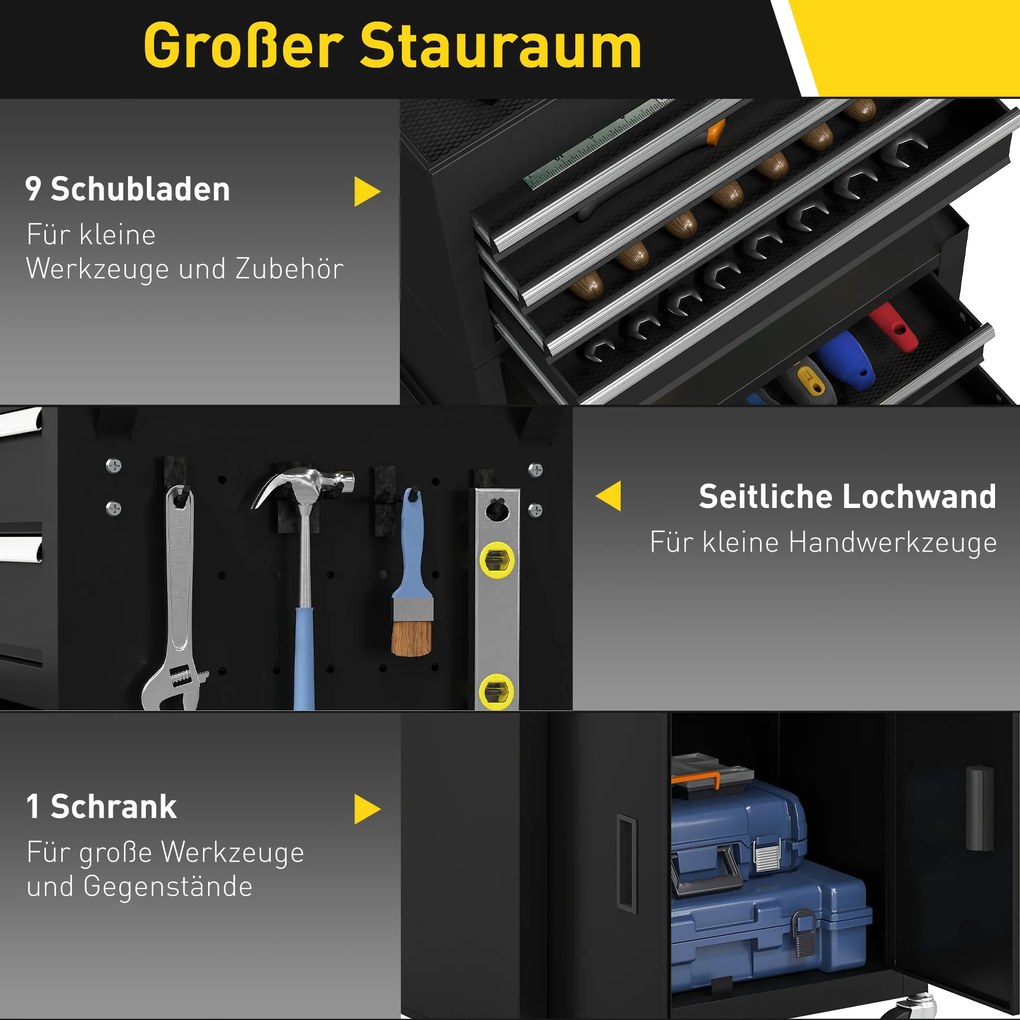 box na nářadí 3 v 1, skříňka na nářadí se 4 kolečky, uzamykatelný box na nářadí s 9 zásuvkami, ocel, černá barva