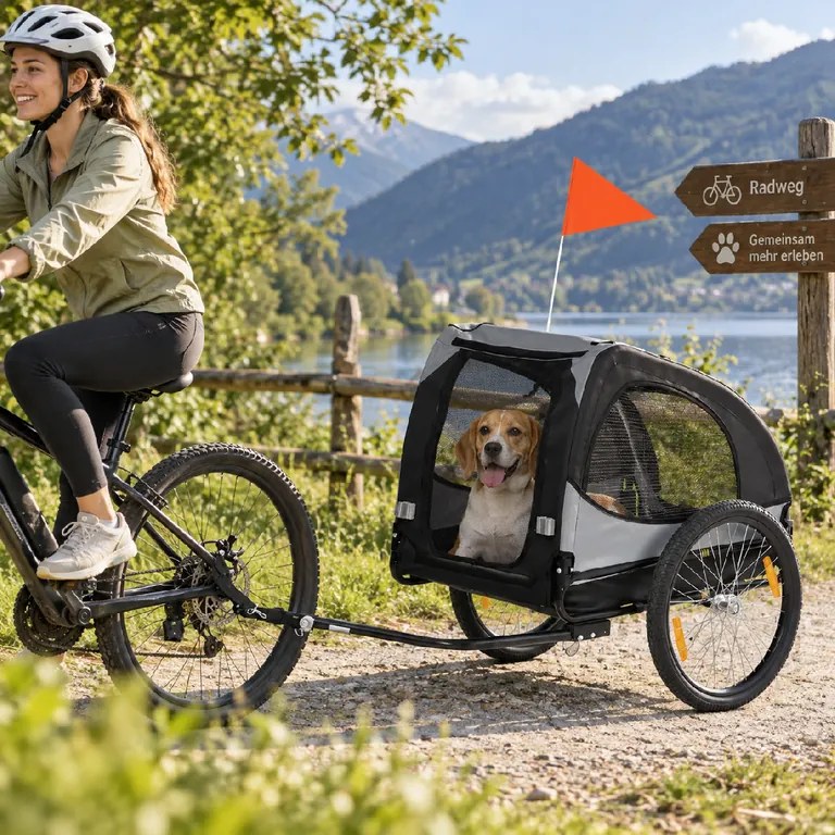 Přívěs PawHut pro přepravu psů do 20 kg pro středně velké psy, s okny ze síťoviny, bezpečnostní vodítko, 140x71x83 cm, Oxfordská tkanina, černý