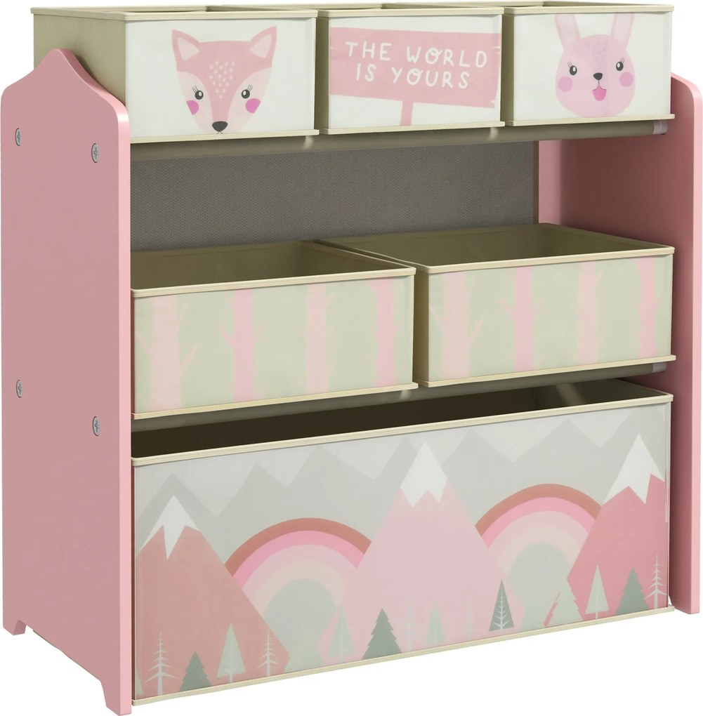 Dětský regál ZONEKIZ se 6 koši z netkané textilie na hračky - Organizér pro děti 3-8 let do ložnice nebo dětského pokoje 63x30x66 cm Růžový | Aosom