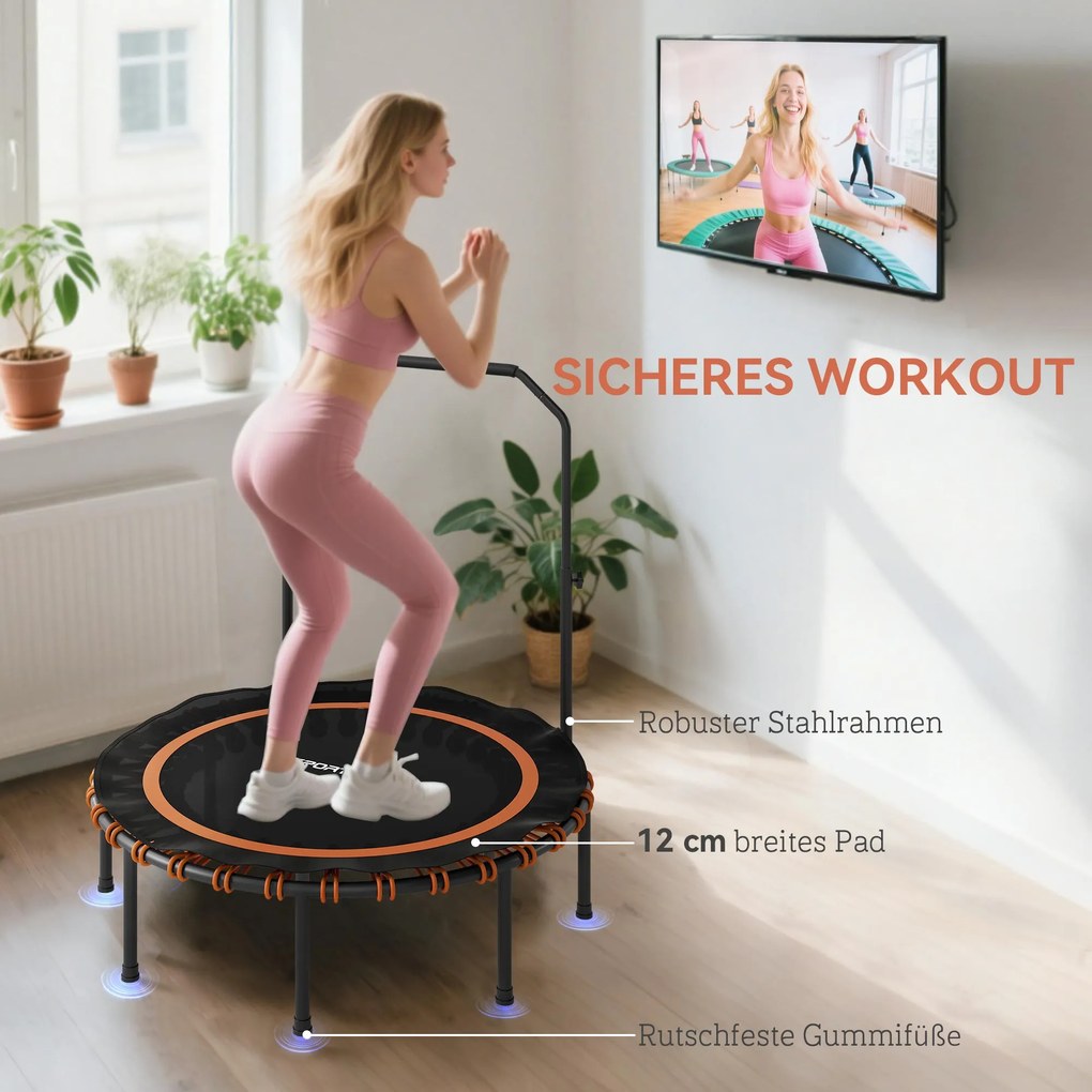 Fitness trampolína s nastavitelným zábradlím, sportovní trampolína pro vnitřní i venkovní použití, ocel, plast, oranžová barva