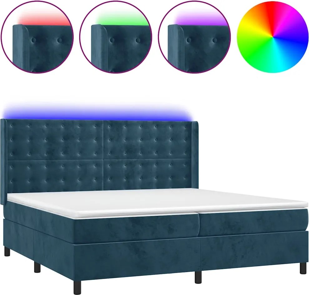 Box spring postel s matrací a LED tmavě modrá 200x200 cm samet 3139827