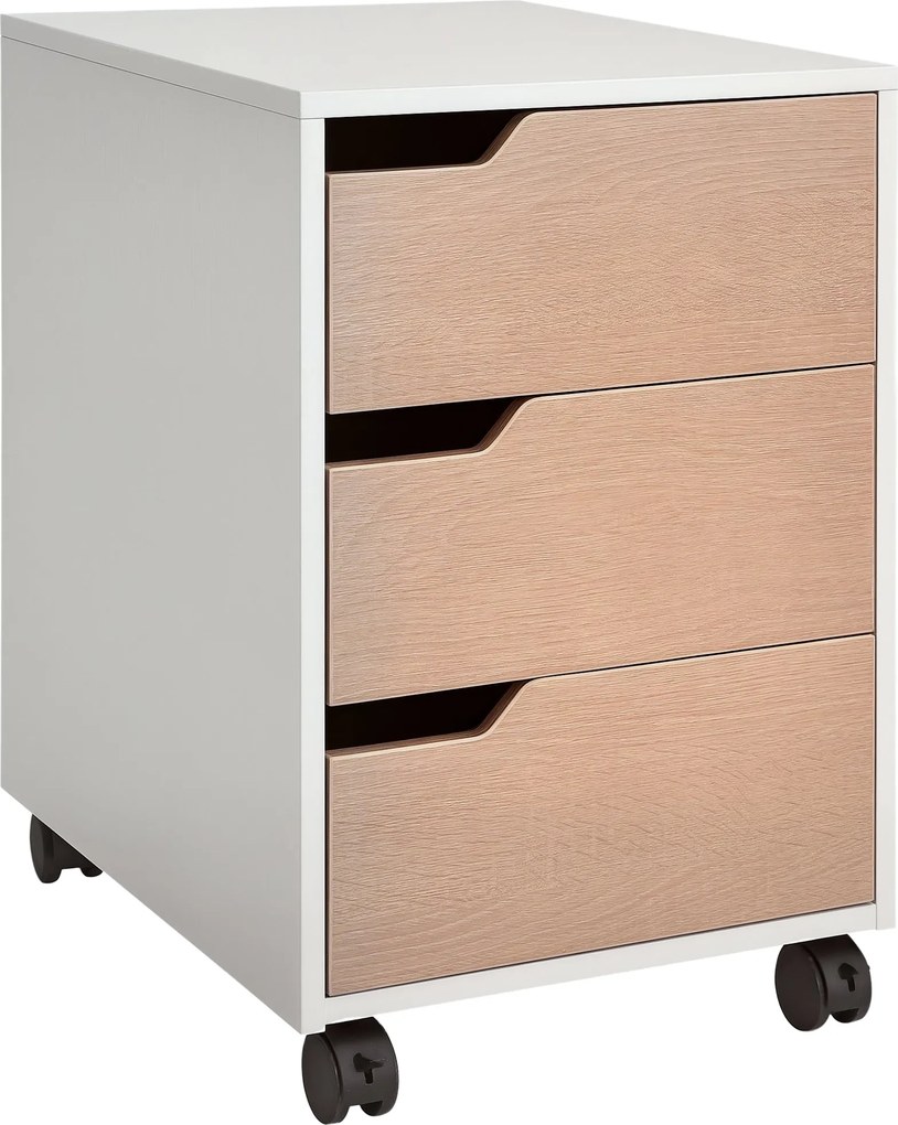 HOMCOM Počítačová skříňka s koly, 3-zásuvková skříňka na dokumenty pro studijní stůl 40x50x57.5 cm Dub a bílá | Aosom