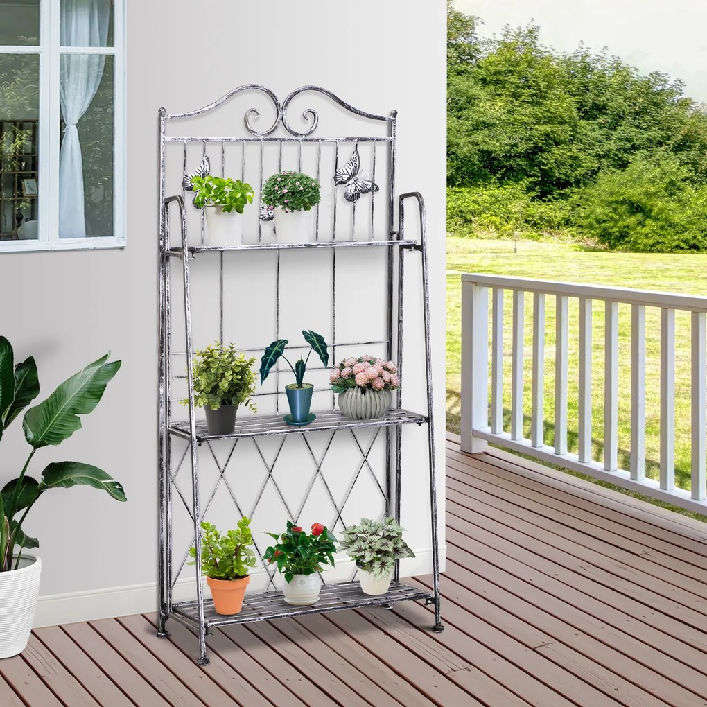 Outsunny police na rostliny kovový stojan na květiny 3 úrovně schodiště na květiny pro zahradu stříbrně šedá 44x25x96cm dekorativní a prostorově úspo…
