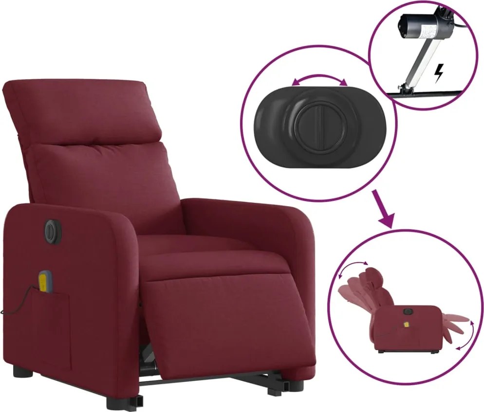 Elektrické zvedací masážní polohovací křeslo vínové textil 3206729