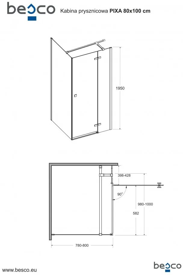 BESCO Obdélníkový sprchový kout PIXA BLACK Rozměr A - 100 cm, Rozměr B - 80 cm, Směr zavírání -  Levé (SX) BCPIXA1080OBDLB