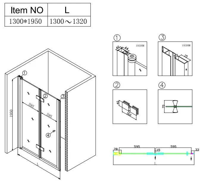 BPS-koupelny Zalamovací otočné sprchové dveře HYD-JSD01F 130 chrom/transparent pro instalaci do niky - bez vaničky