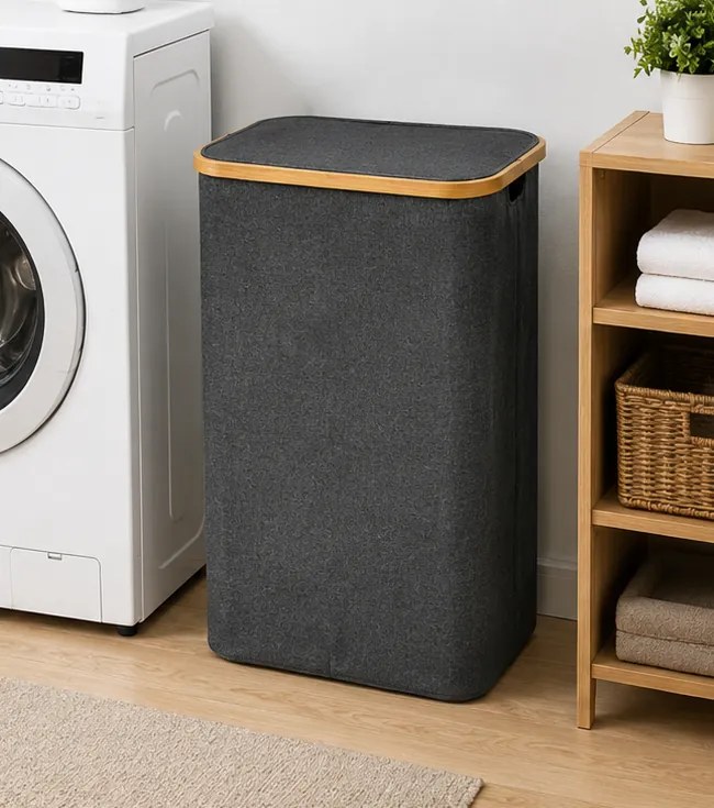 koš na prádlo, objem 60 l, s víkem, oxford/bambus, 66x41x22 cm, šedá/přírodní, Dekorino KP20260010