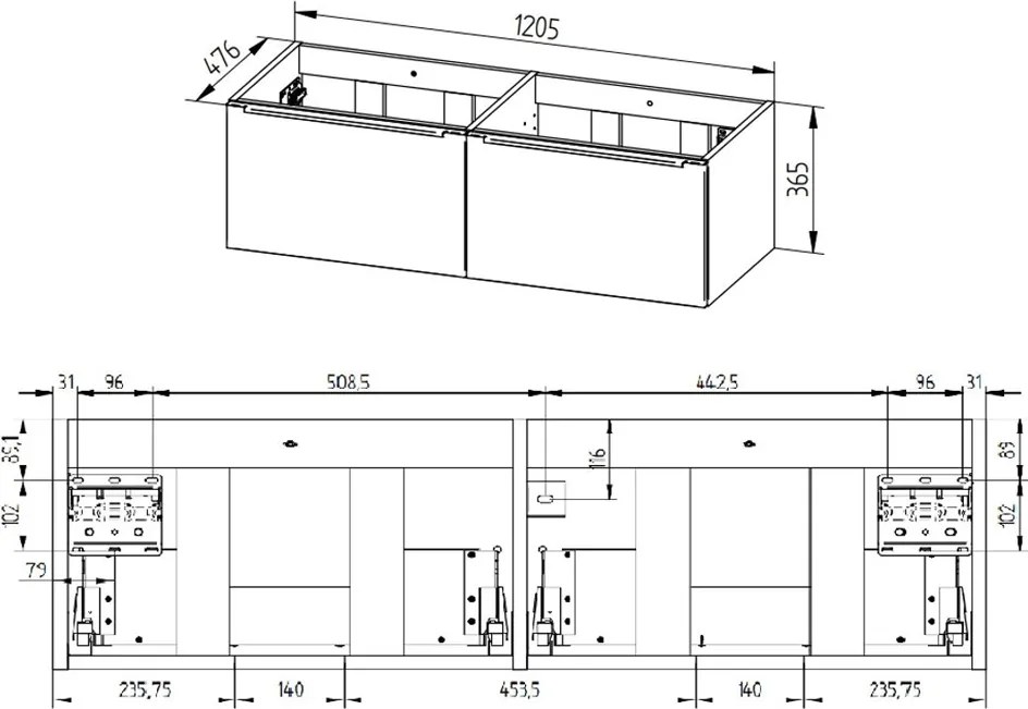 Mereo Mereo, Mailo, koupelnová skříňka 121 cm, bílá, dub, antracit, CN538S