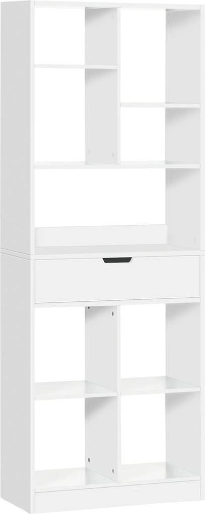 HOMCOM Knihovna s Šuplíkem a 9 Úložnými Prostředky - Knihovna do Obývacího Pokoje, Kanceláře nebo Studovny 60x26x158 cm Bílá | Aosom