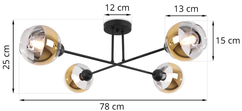 Stropní svítidlo Asturia, 4x zlaté/transparentní skleněné stínítko, B